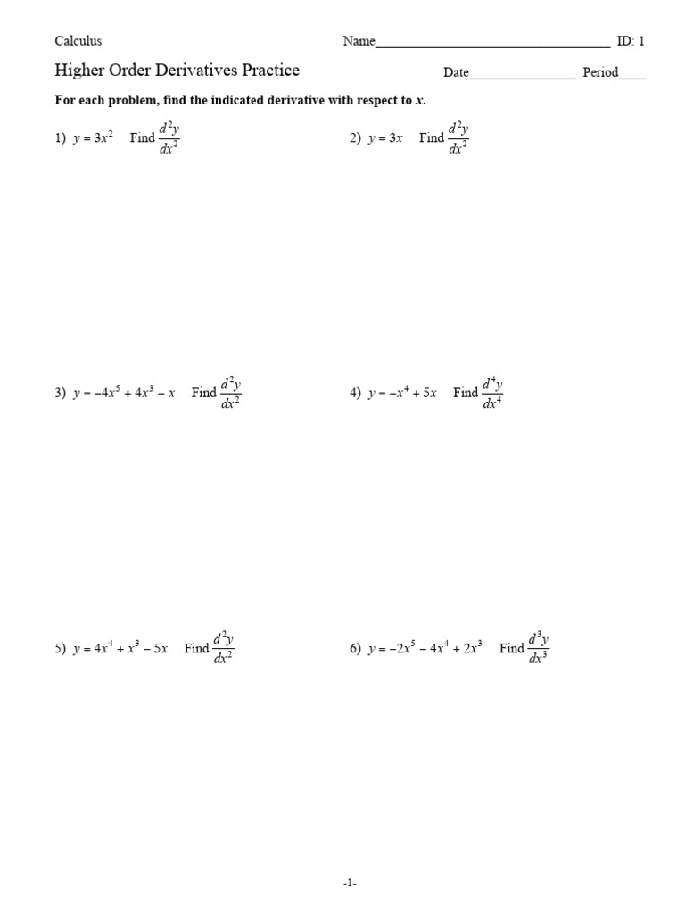Higher Order Derivatives Worksheet | PDF | Calculus | Mathematical Analysis