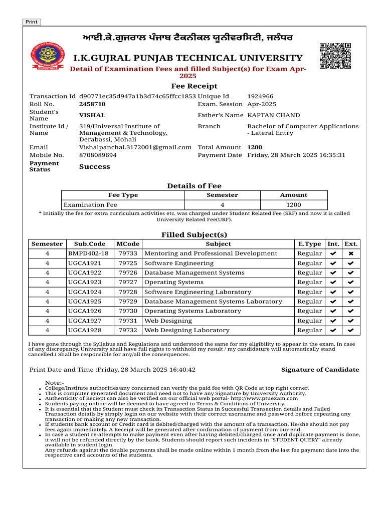 4th Sem Payment Slip. Vishal | PDF | Receipt | Debit Card