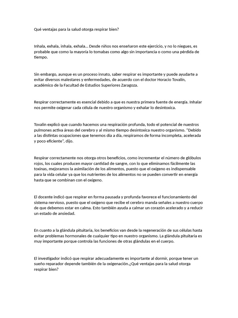 Beneficios de Inhalar y Exhalar | PDF | Respiración | Oxígeno
