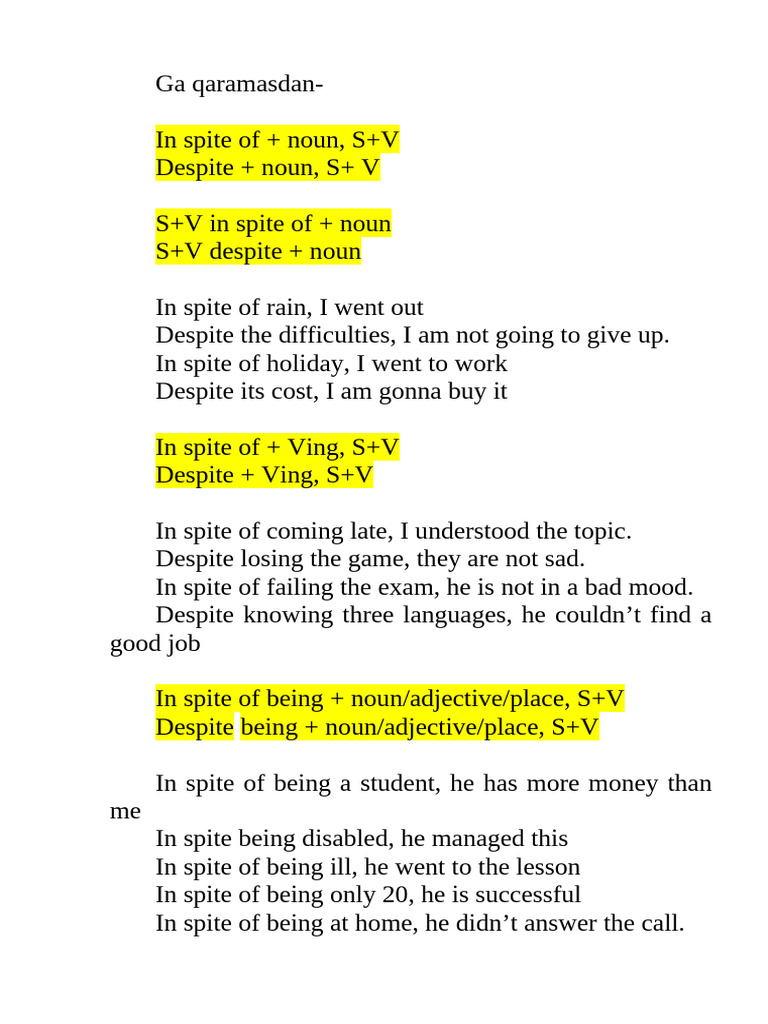 Despite in Spite of Although | PDF