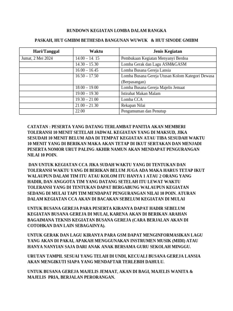 RUNDOWN KEGIATAN LOMBA HUT JEMAAT & PASKAH | PDF