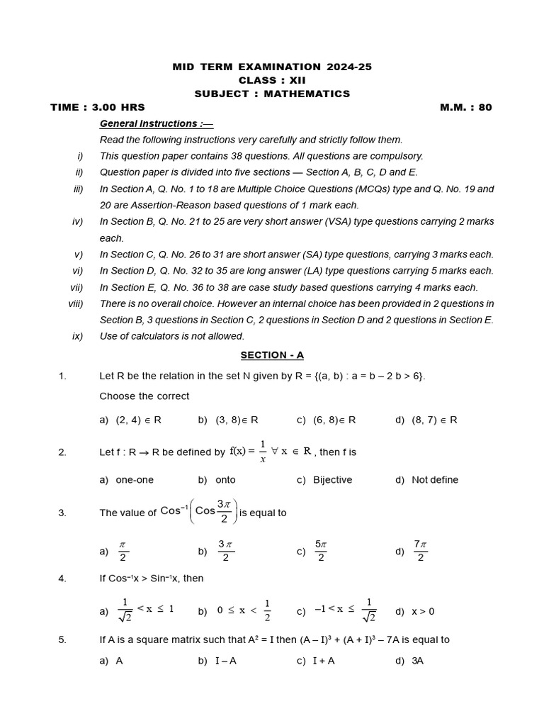Class 12 Maths Mid-Term Paper | PDF | Matrix (Mathematics) | Multiple Choice
