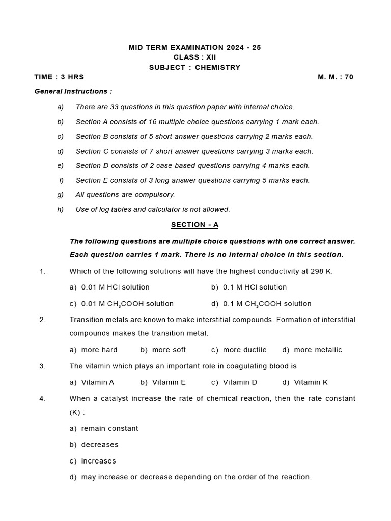 Class 12 Chemistry Mid Term Paper 2024-25 | PDF | Ether | Physical Sciences