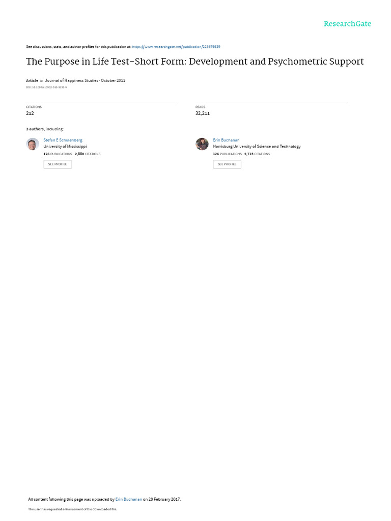 The Purpose in Life Test-Short Form: Development and Psychometric ...