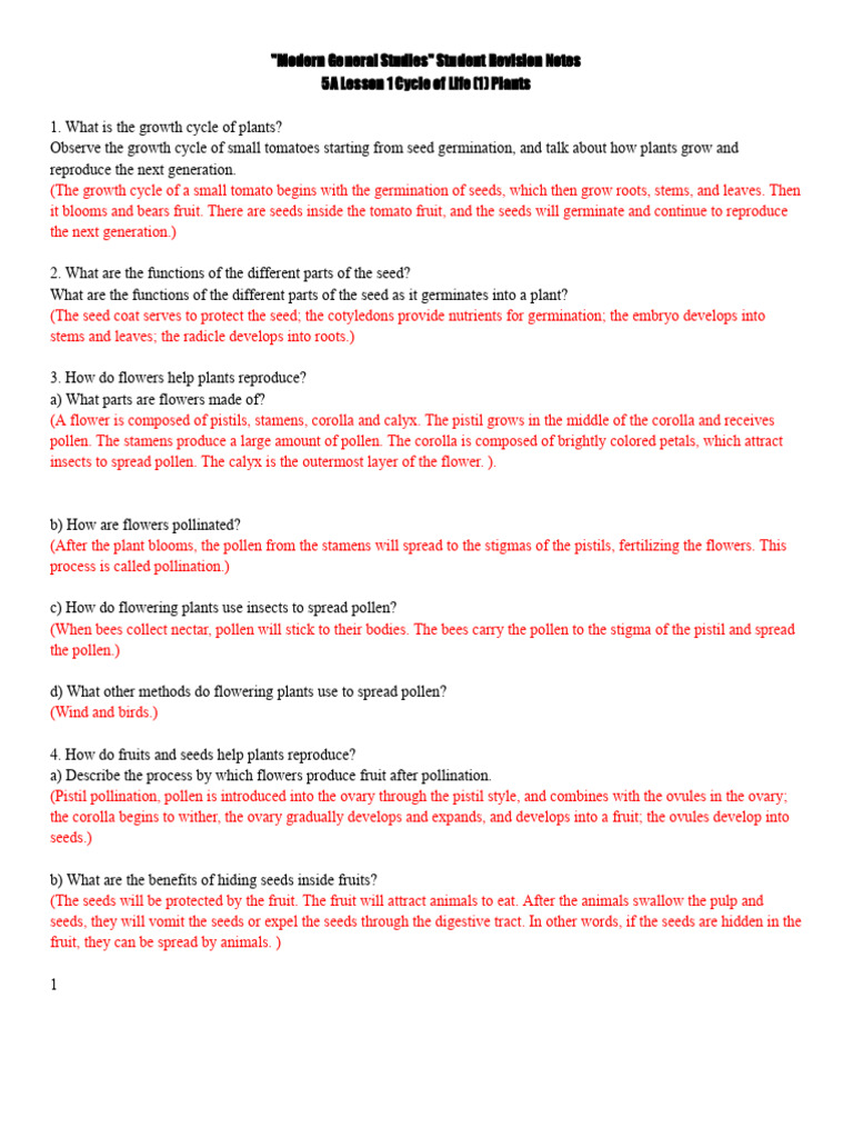Plants Reproduction Revision Notes | PDF | Flowers | Seed