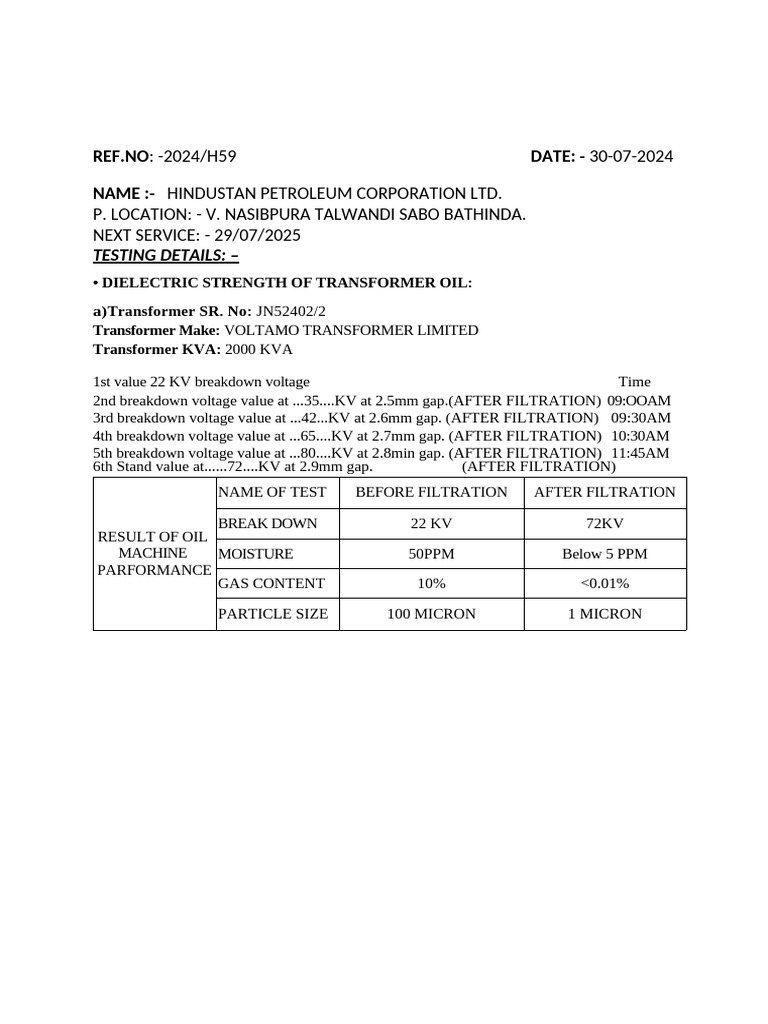 Transformer Oil Testing Results | PDF
