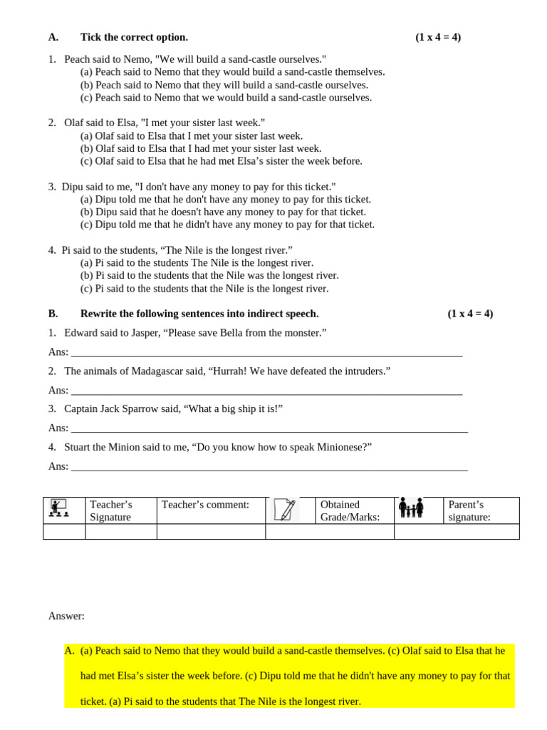 Day 6 Worksheet Direct Indirect Speech | PDF