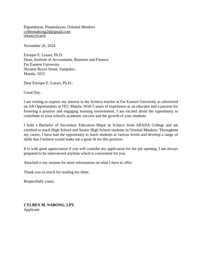 Application Letter FS Book | PDF