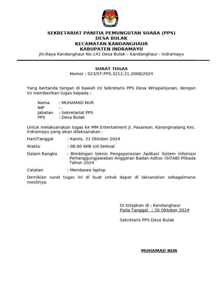 Surat Tugas PPS Bulak Kandanghaur Indramayu | PDF