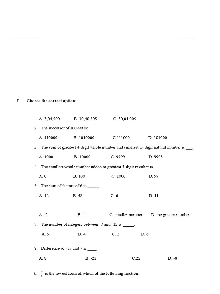 Class VI Maths Mock Paper 2024-25 | PDF | Numbers | Integer