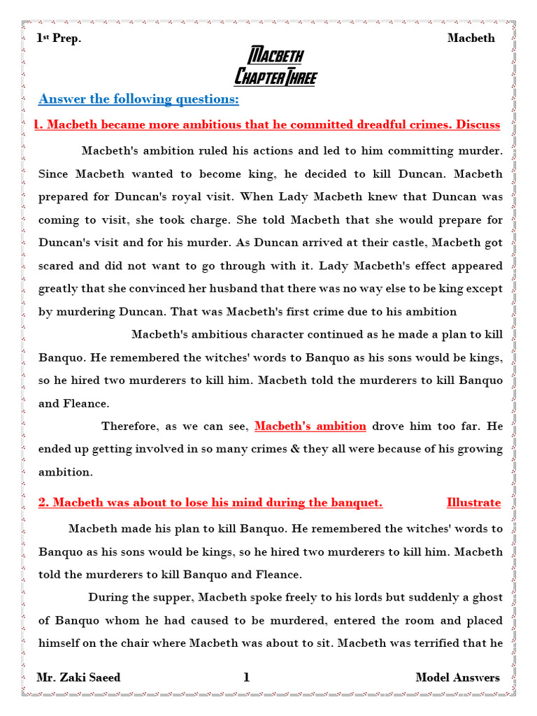 1st Prep. Macbeth Model Answers Chapters (3-6) 2022-2023 | PDF ...