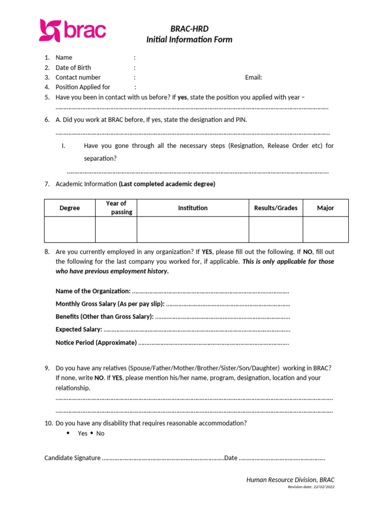 Initial Information Form - BRAC | PDF
