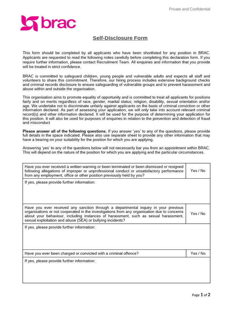 Self-Disclosure Form BRAC | PDF | Background Check | Justice