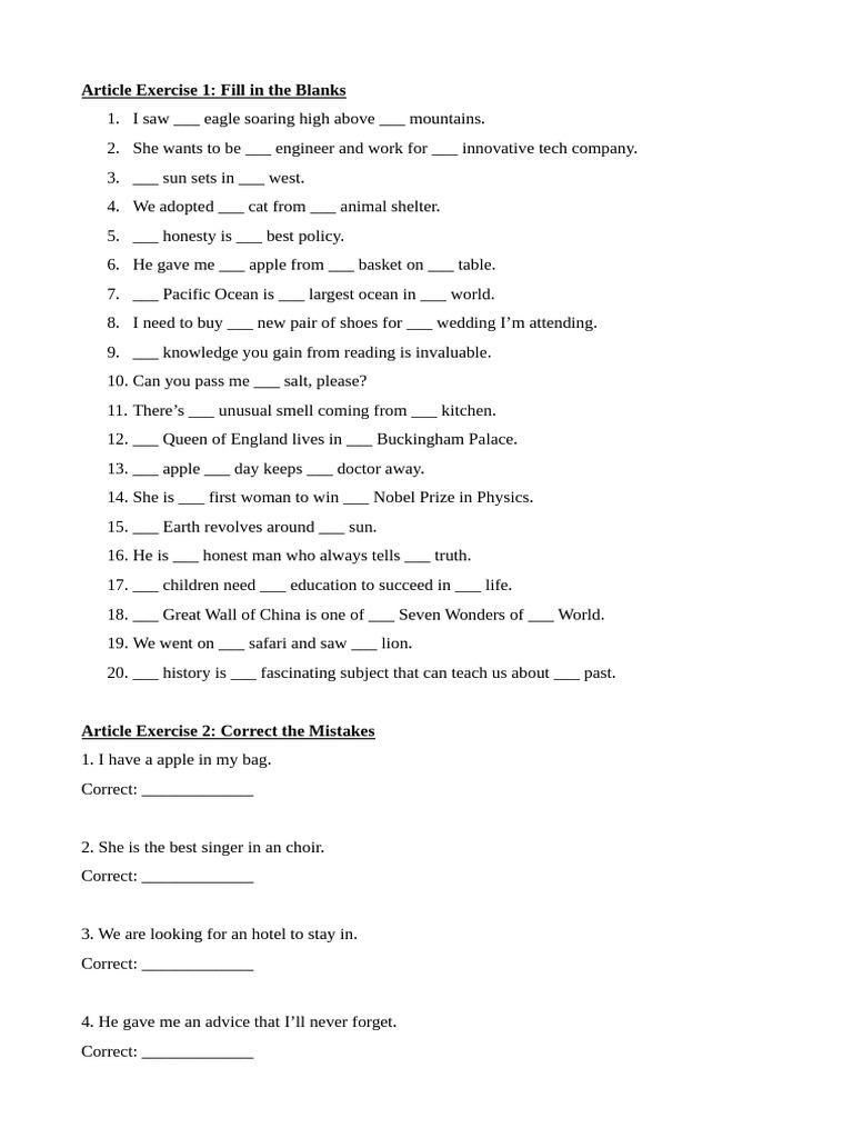 ARTICLES A AN THE Exercises 2 | PDF