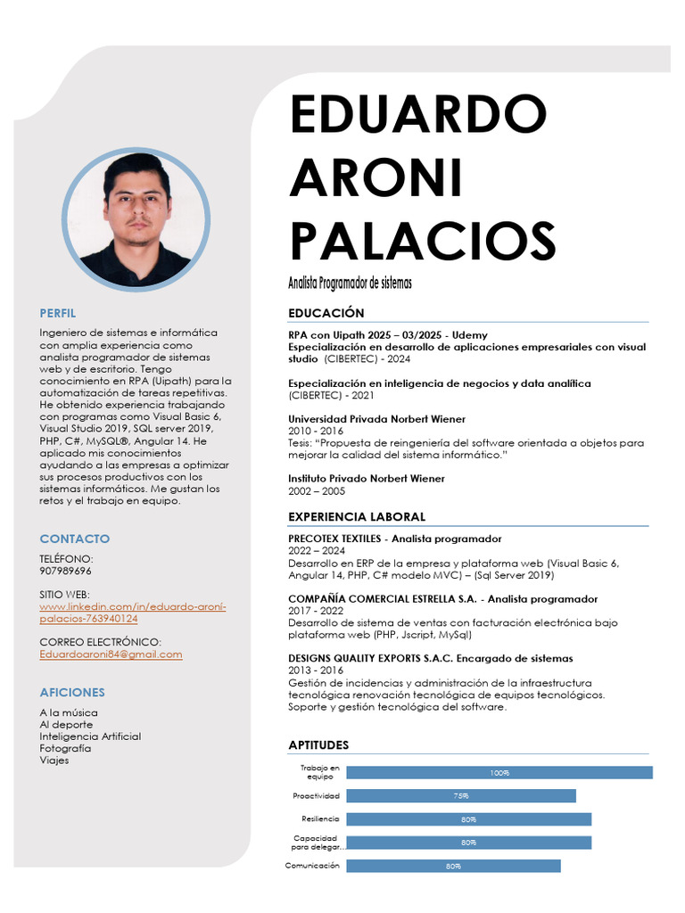 Eduardo Aroni Palacios CV 2025 Documentado | PDF | Mi sql | Informática