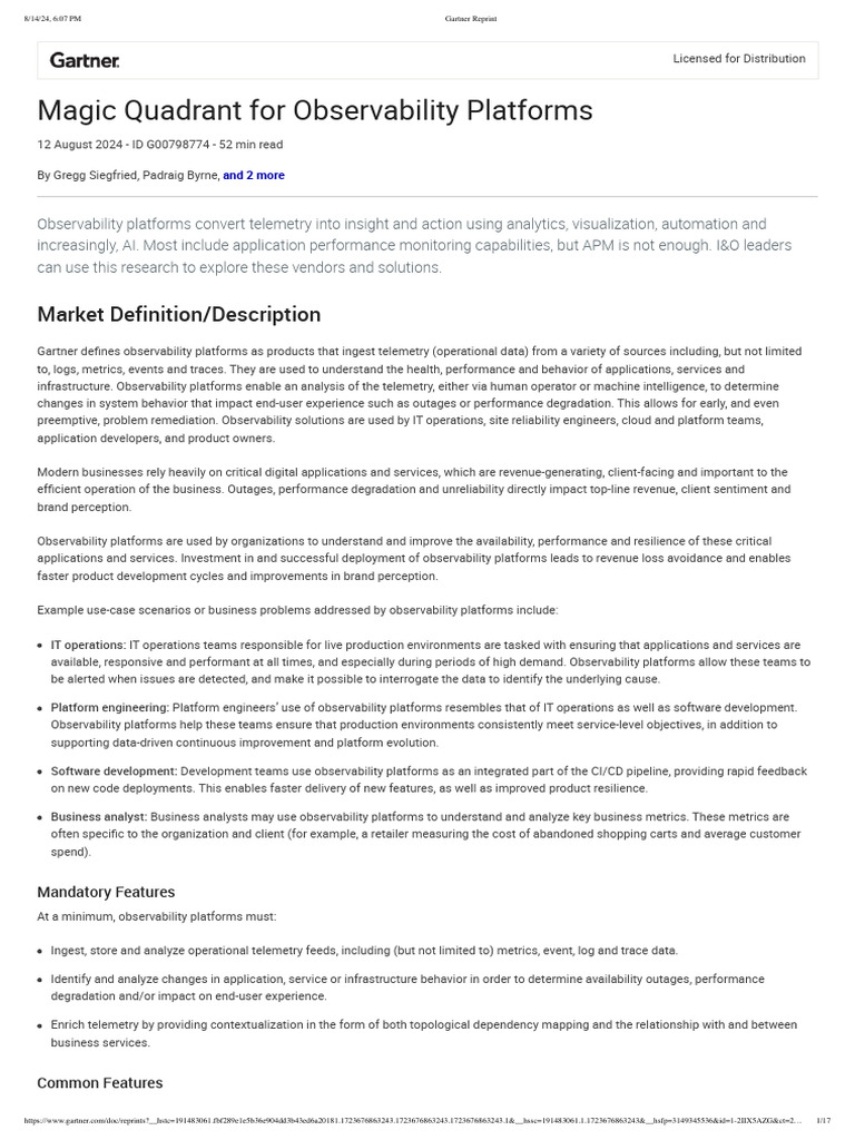 Magic Quadrant For Observability Platforms, 2024 | PDF | Cloud ...