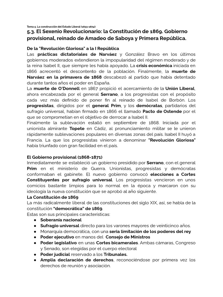 5.3. El Sexenio Revolucionario_ la ConstituciÃ³n de 1869. Gobierno provisional, reinado de ...