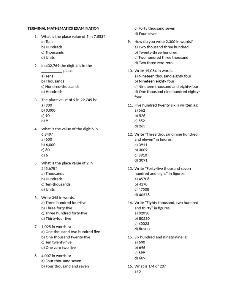 Terminal Mathematics Examination | PDF | Numbers | Elementary Mathematics