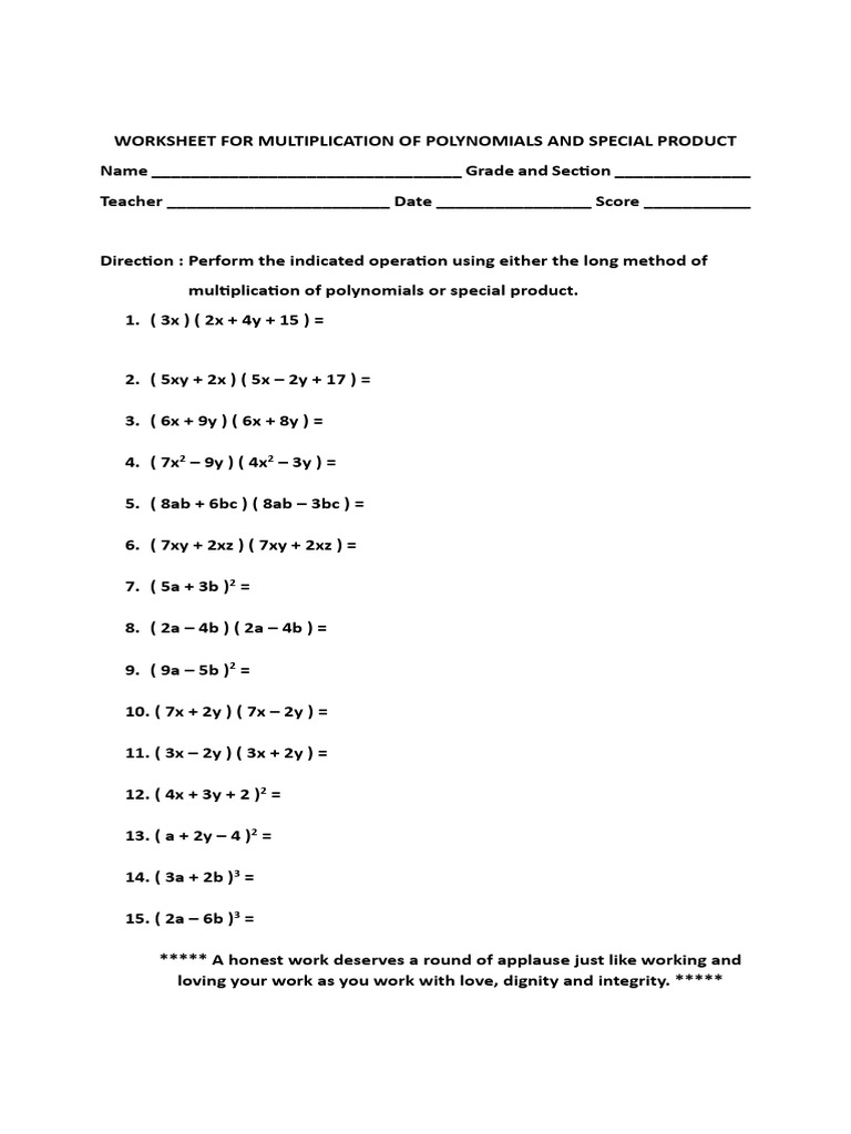 Worksheet For Multiplication of Polynomials and Special Product | PDF
