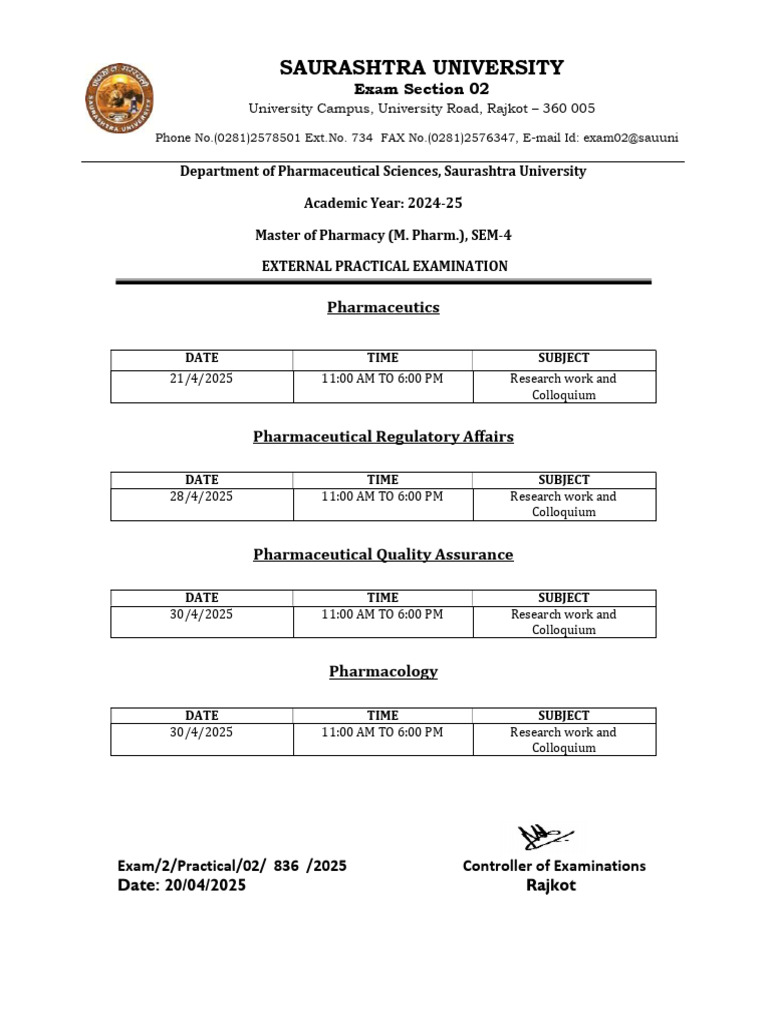 M. Pharm SEM-4 Practical Exam Schedule | PDF