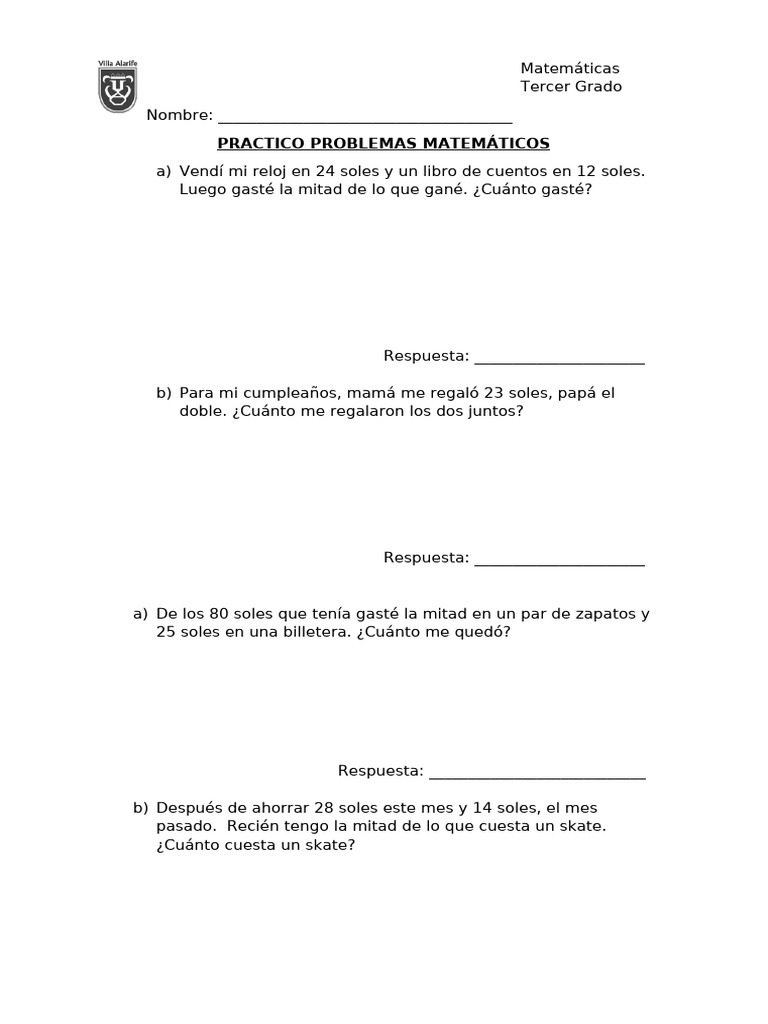 Practico Problemas Matemáticas 3ero | PDF