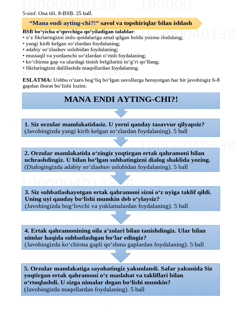 5-Sinf - Ona Tili - IV Chorak - 8-BSB | PDF