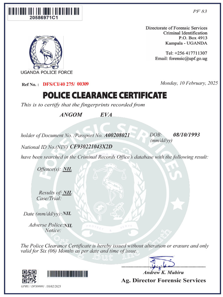 Angom Eva Police Clearance | PDF