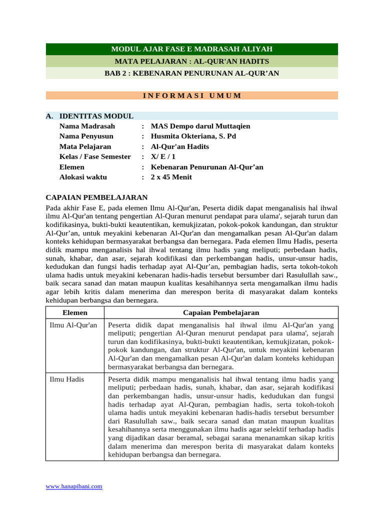 Modul Qurdis 10 Bab 2 - Kebenaran Penurunan Al-Qur’an | PDF