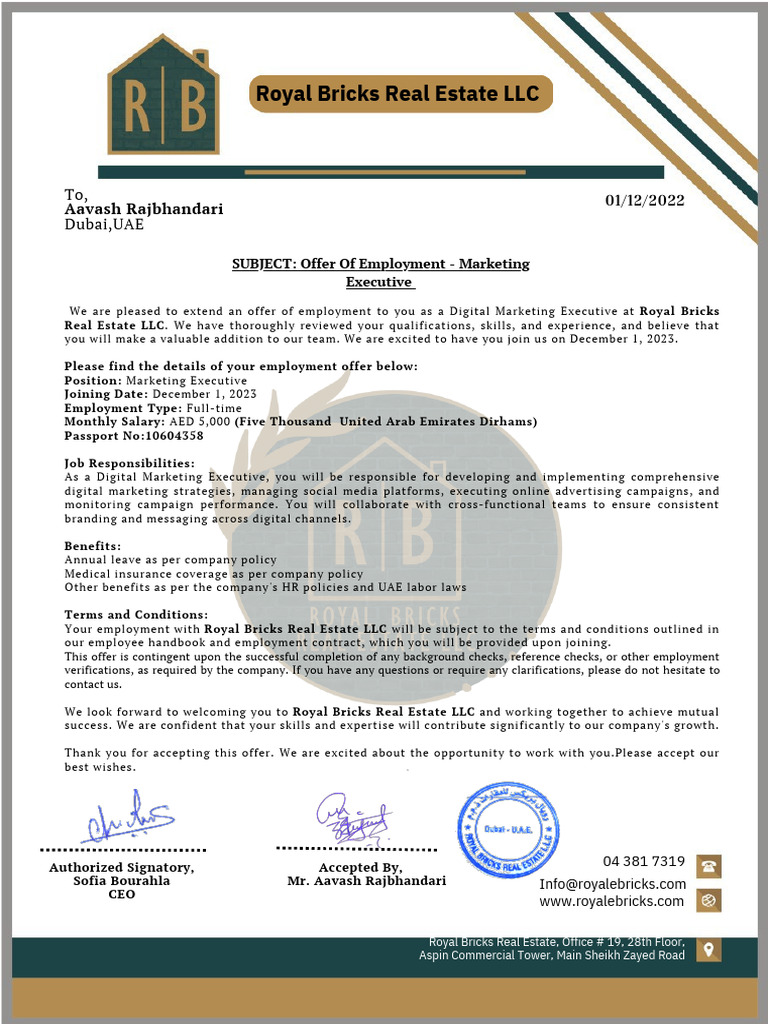 Offer Letter Royalbricks | PDF | Employment | United Arab Emirates