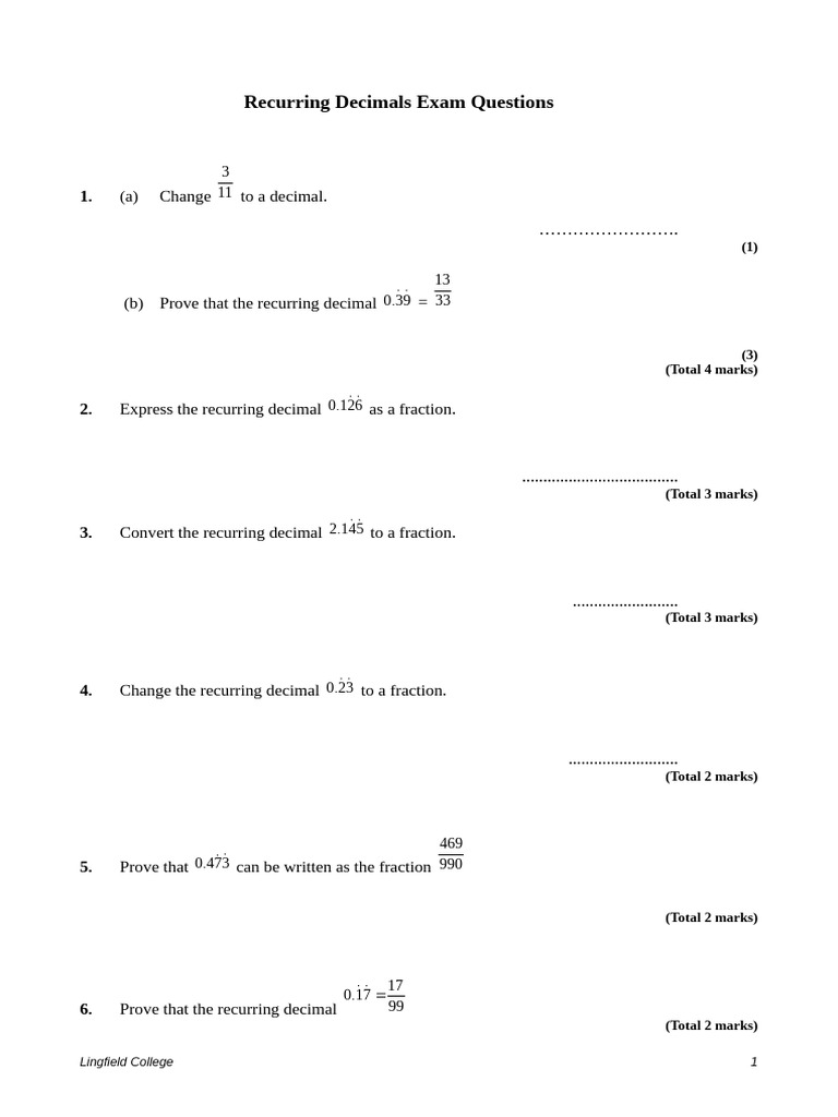 Exam Questions - Recurring Decimals | PDF | Decimal | Numbers