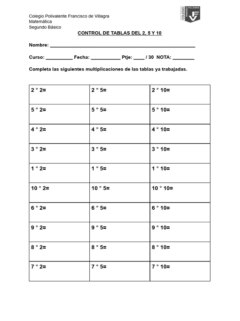Control de Tablas Del 2, 5 y 10 | PDF