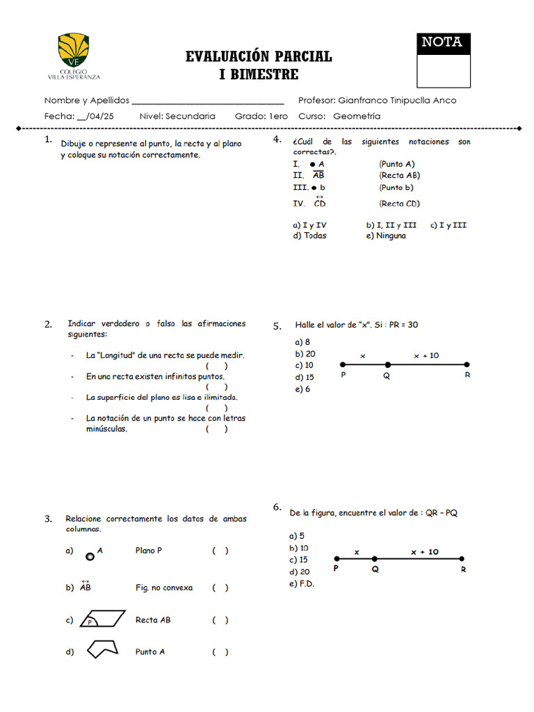 1ERO SECUNDARIA EXAMEN DE GEOMETRÍA | PDF