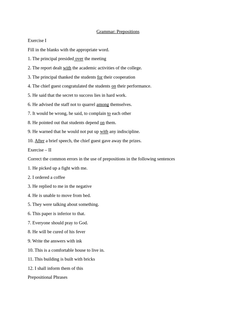 Unit I 4. Grammar Prepositions | PDF
