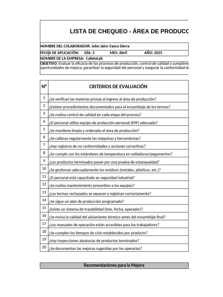 Lista de Chequeo en Producción de Termos | PDF