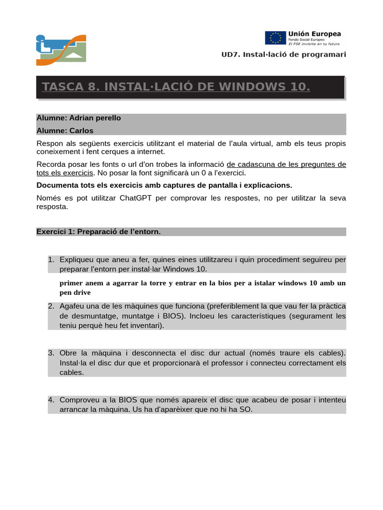 Tasca 8. Instal·Lació de Windows 10.1 | PDF