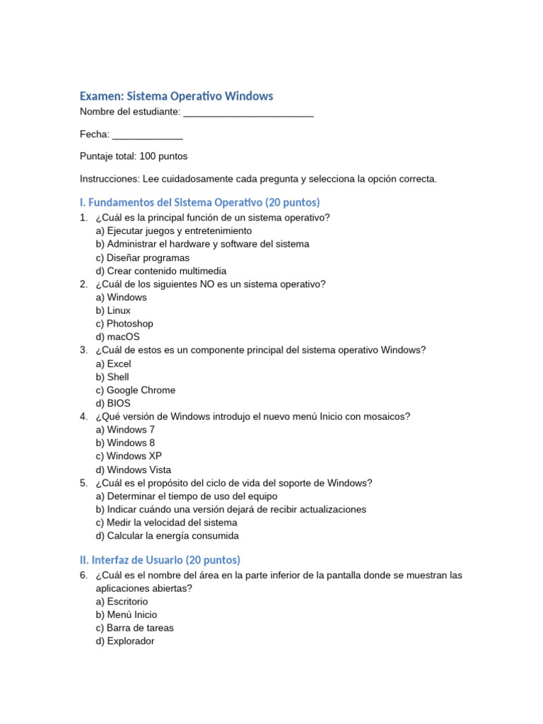 Examen Windows | PDF | Microsoft Windows | Archivo de computadora