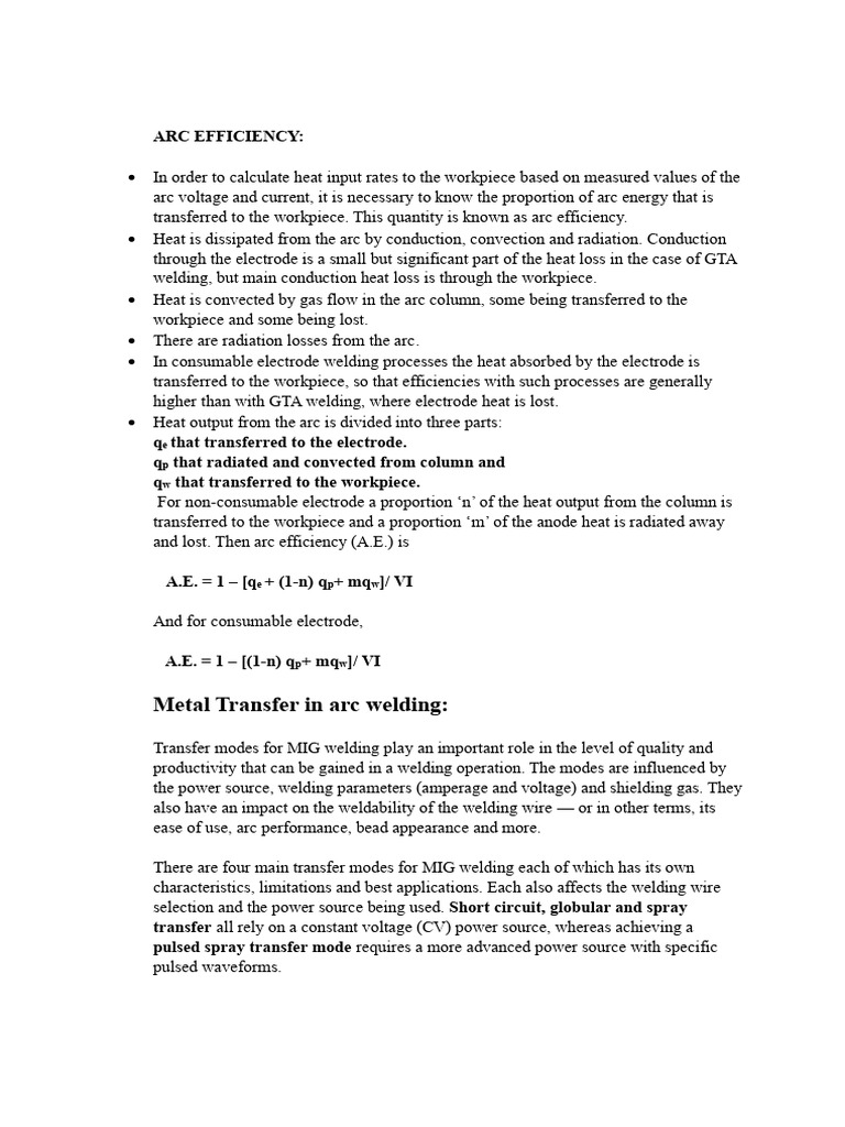 ARC EFFICIENCY and METAL TRANSFER | PDF | Welding | Construction