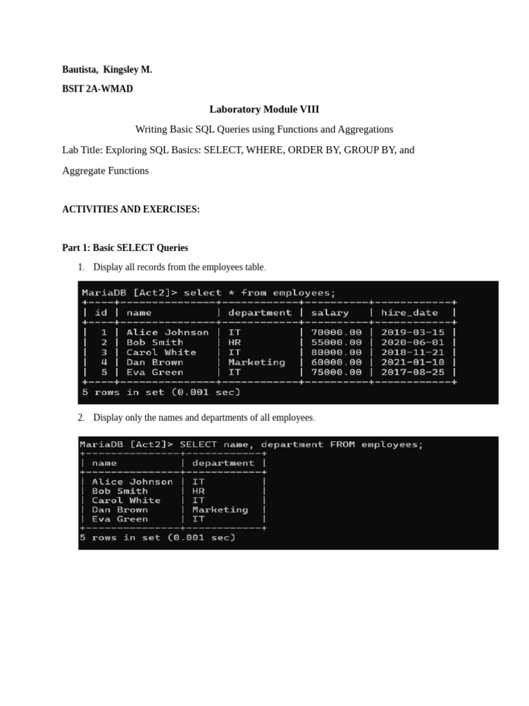 SQL Activity 2 Hands On | PDF