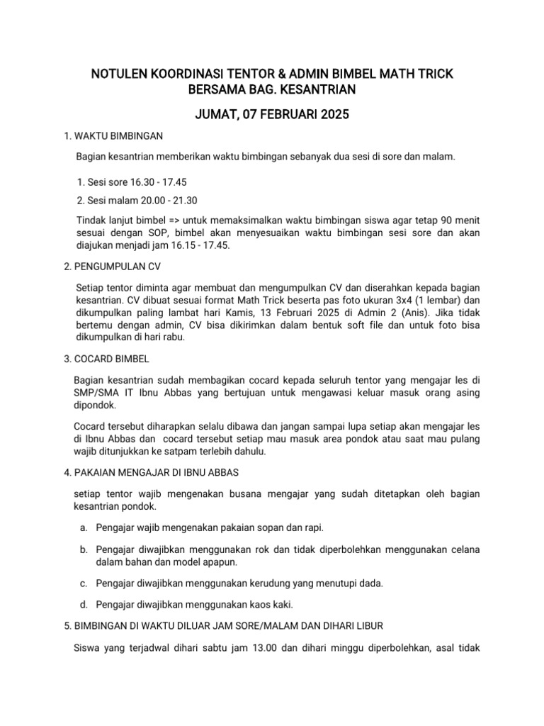 Notulen Koordinasi Mathtrick & Kesantrian 7 Feb 2025-01 | PDF