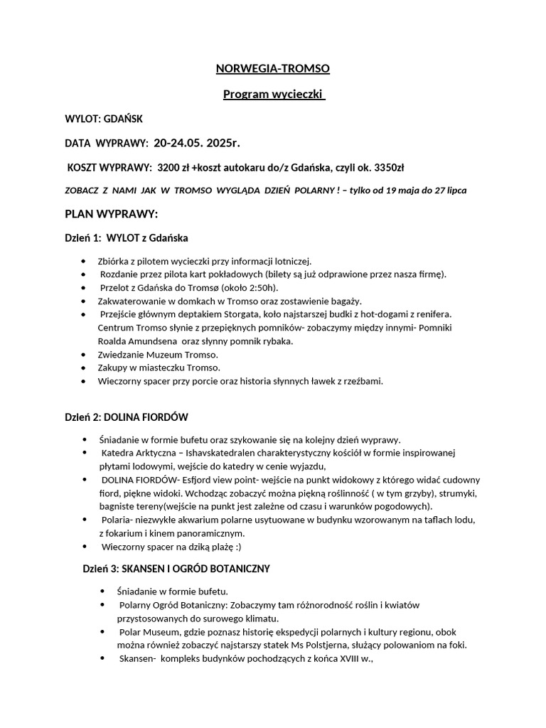 Norwegia-Tromso Program Wycieczki | PDF