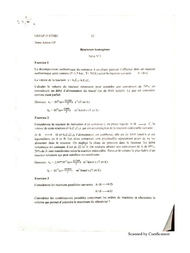 TD3+Solution Réacteurs homogènes | PDF