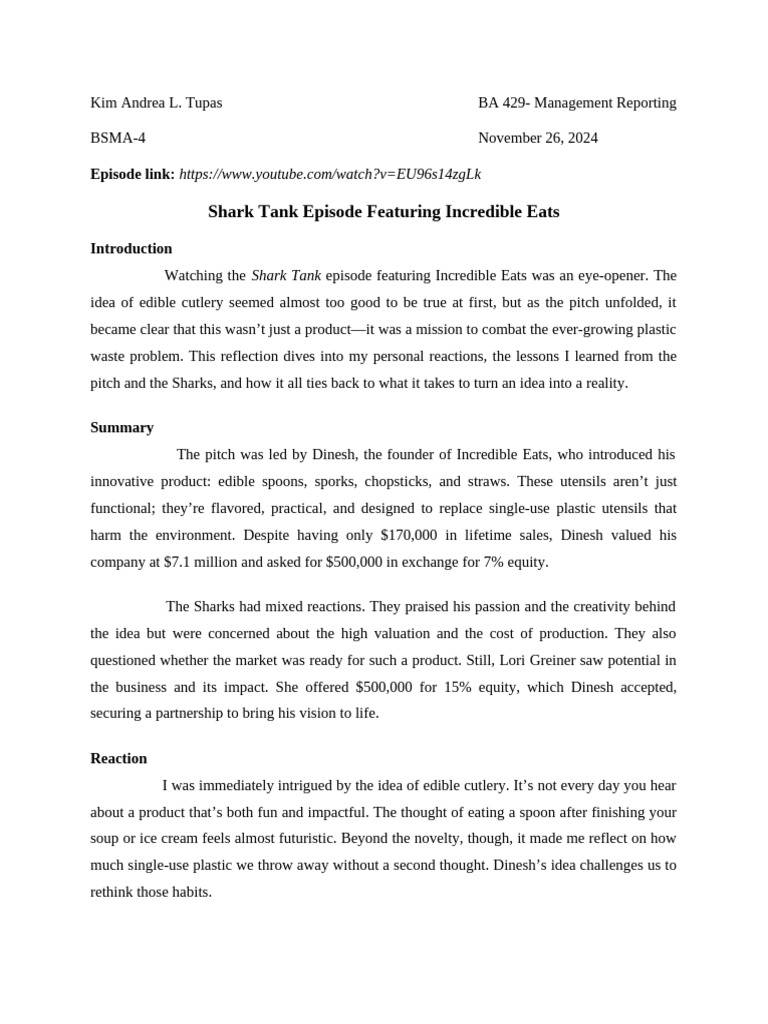 Shark Tank Reaction Paper | PDF