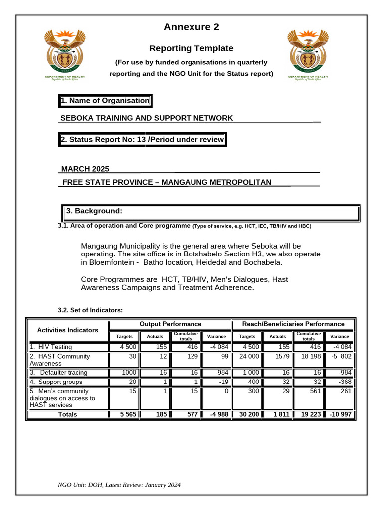 Seboka HIV Support Reporting Template | PDF | Sexually Transmitted ...