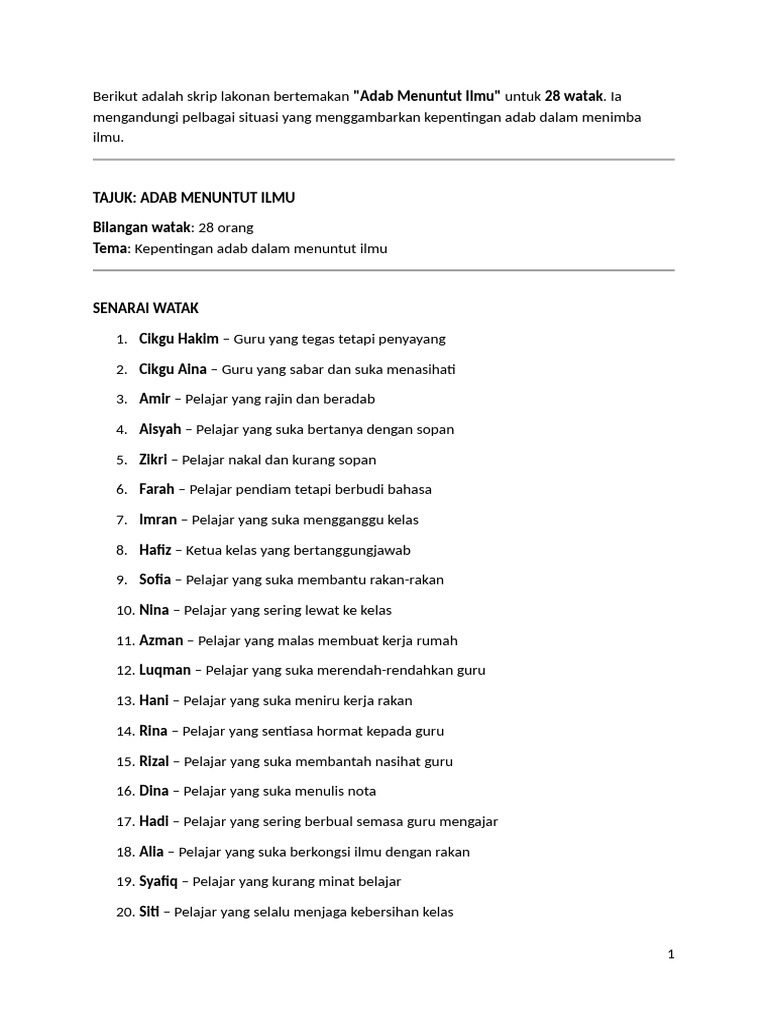 Skrip Lakonan Adab Menuntut Ilmu | PDF