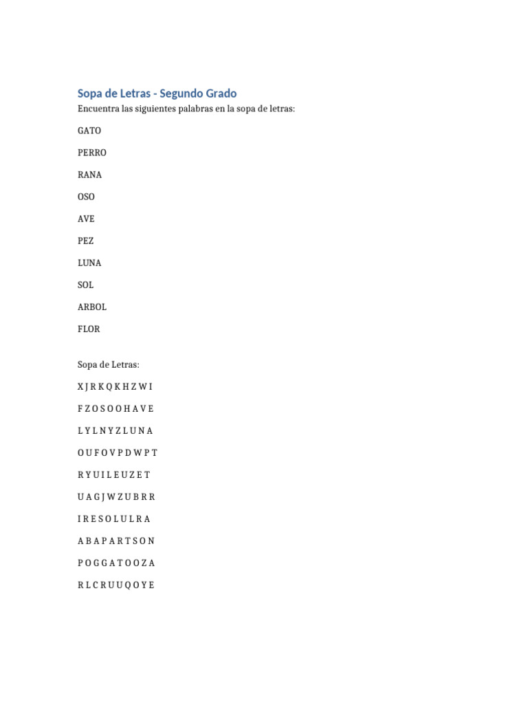 Sopa de Letras Segundo Grado | PDF
