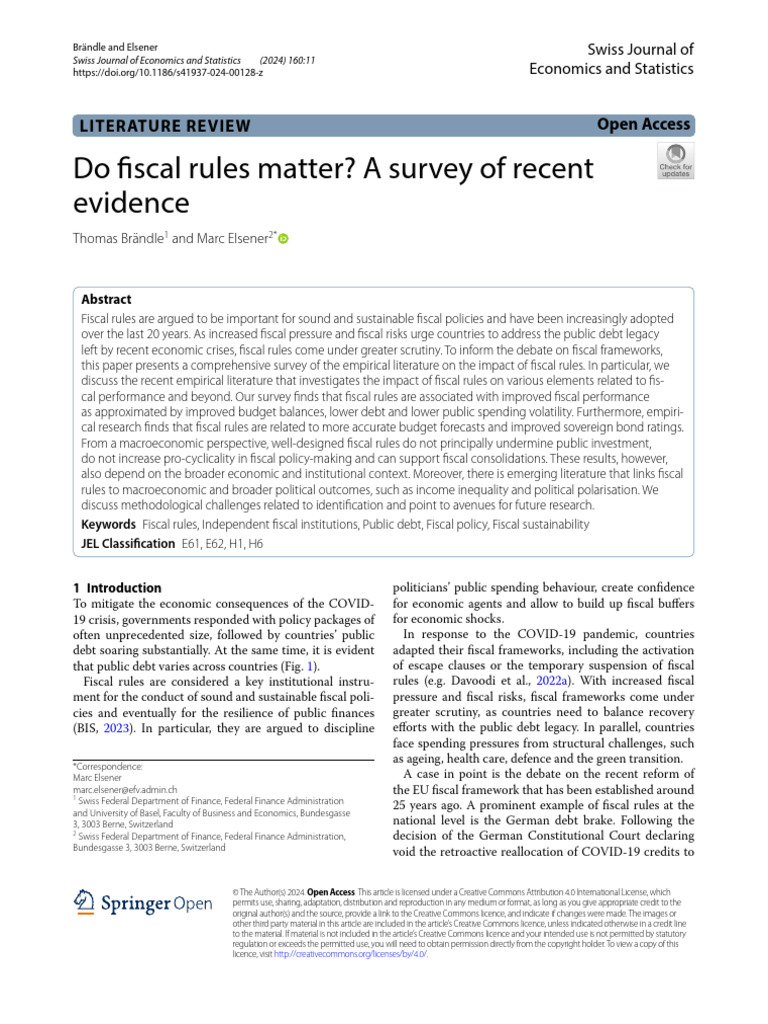 2024 Do Fiscal Rules Matter A Survey of Recent EvidenceSwiss Journal of ...