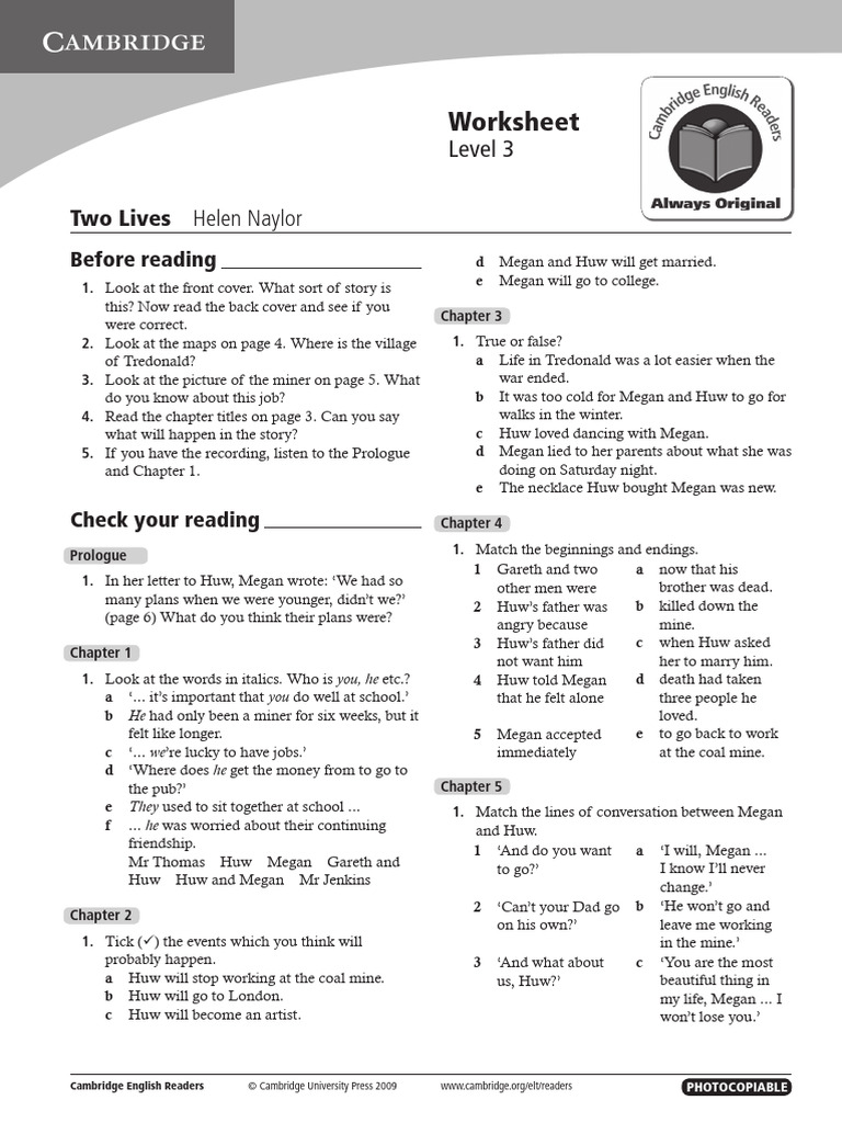 Cambridge English Readers Level3 Intermediate Two Lives Worksheet | PDF