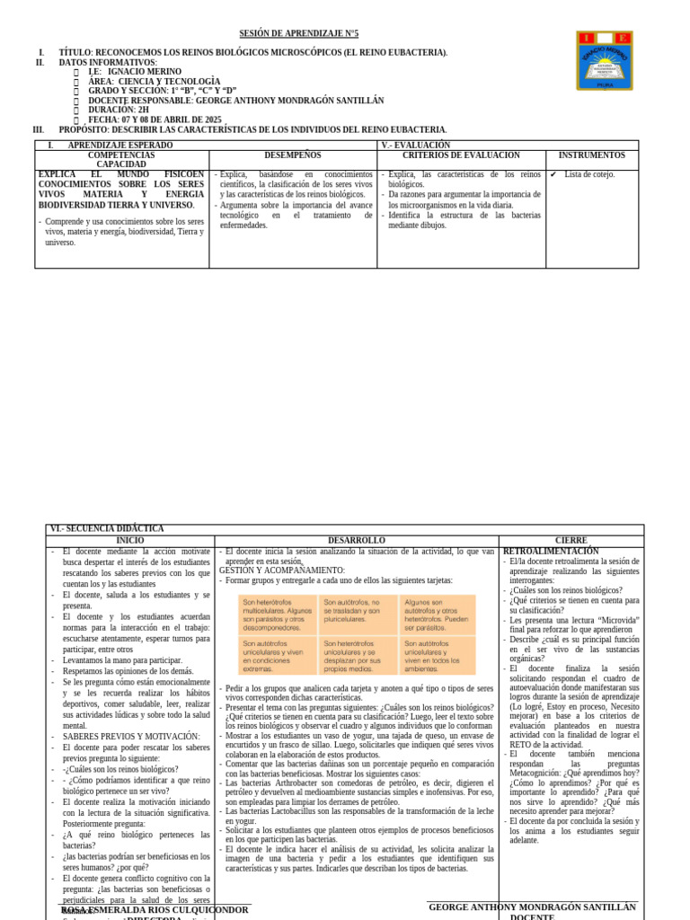 Sesion de Aprendizaje N°5 Cyt 2025 | PDF | Aprendizaje | Evaluación