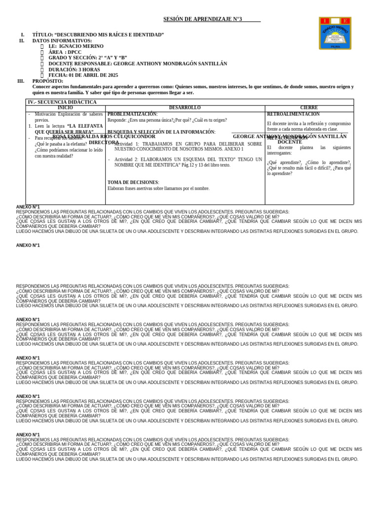 Sesion de Aprendizaje N°3 DPCC 2025 | PDF | Aprendizaje | Cognición