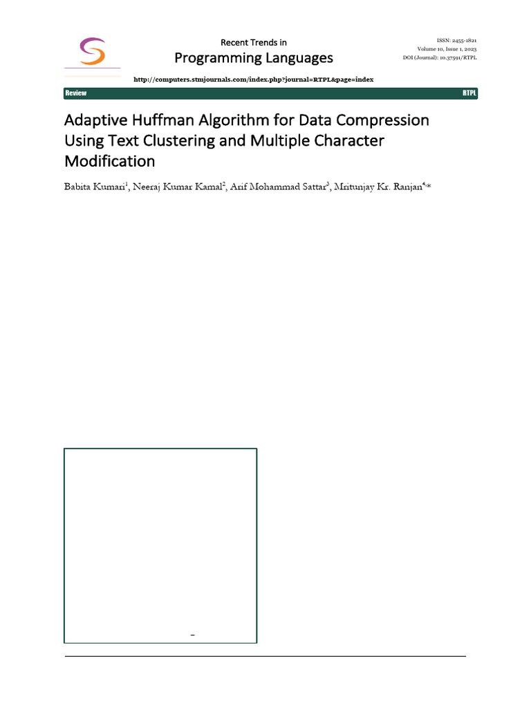 Paper 1 Adaptive Huffman Algorithm For Data Compression Using Text Clustering Pdf Data
